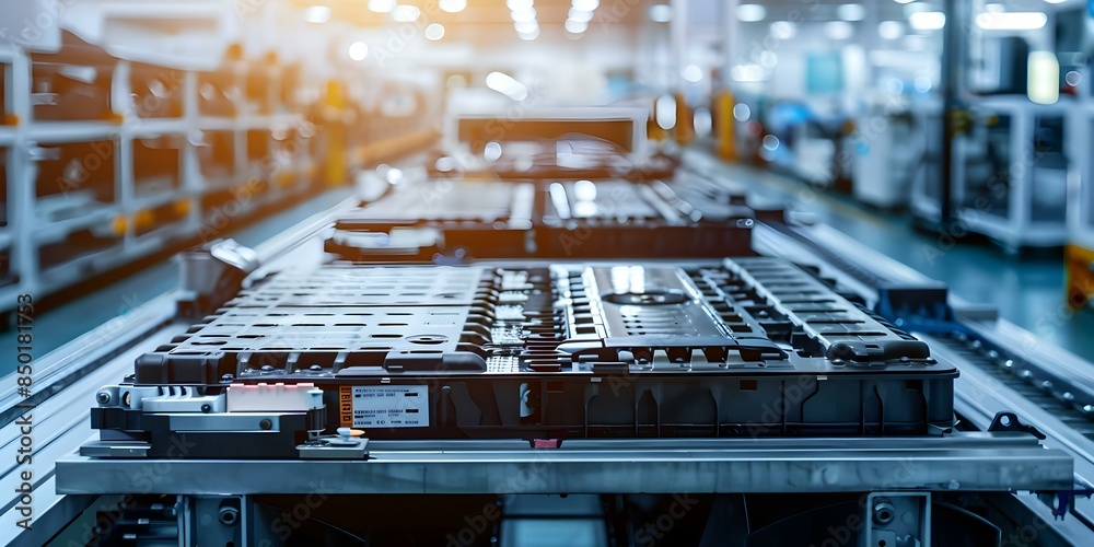 Automated assembly line produces electric car batteries in modern factory. Concept Electric ...