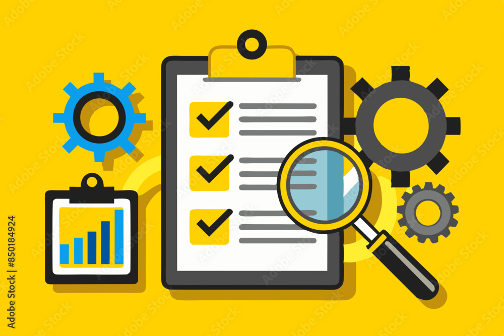 Detailed setup of a clipboard with gears and magnifying glass. Flat ...