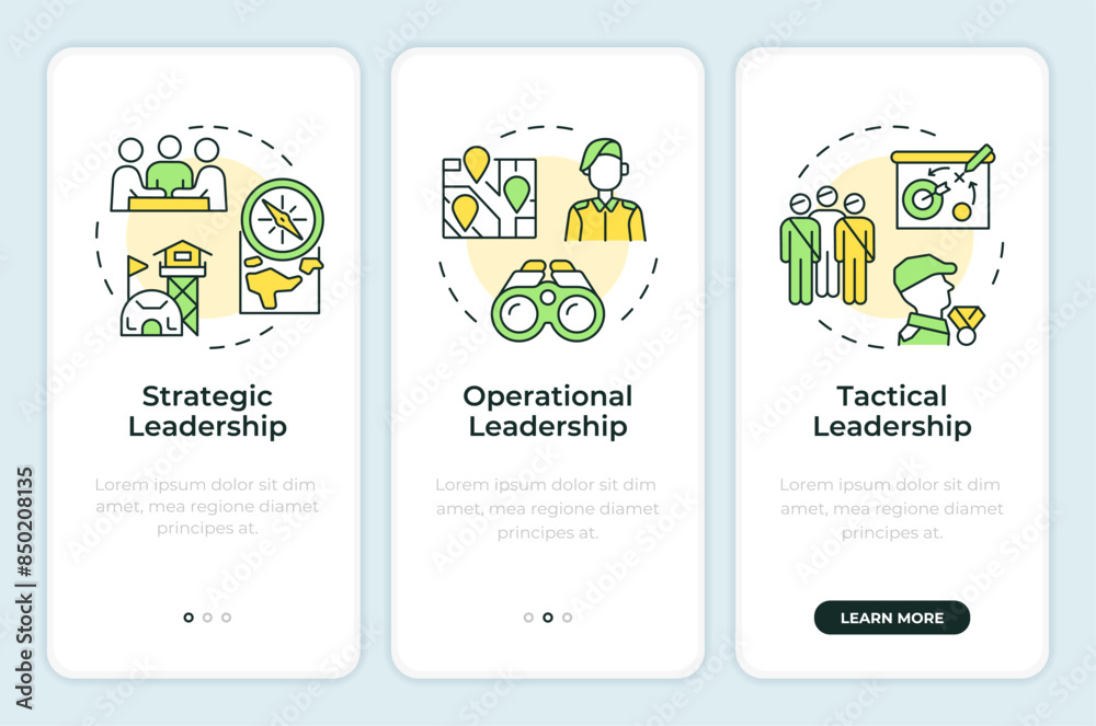 Levels of army leadership onboarding mobile app screen. Walkthrough 3 ...
