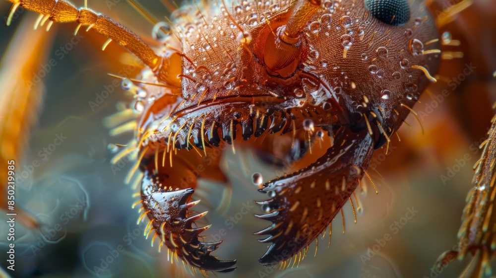 The macro photography of a red ant's face shows the amazing details of ...