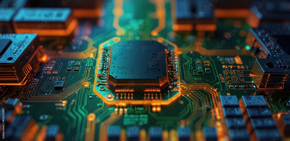 Printed circuit board futuristic serverCircuit board futuristic server code processing. Orange ...