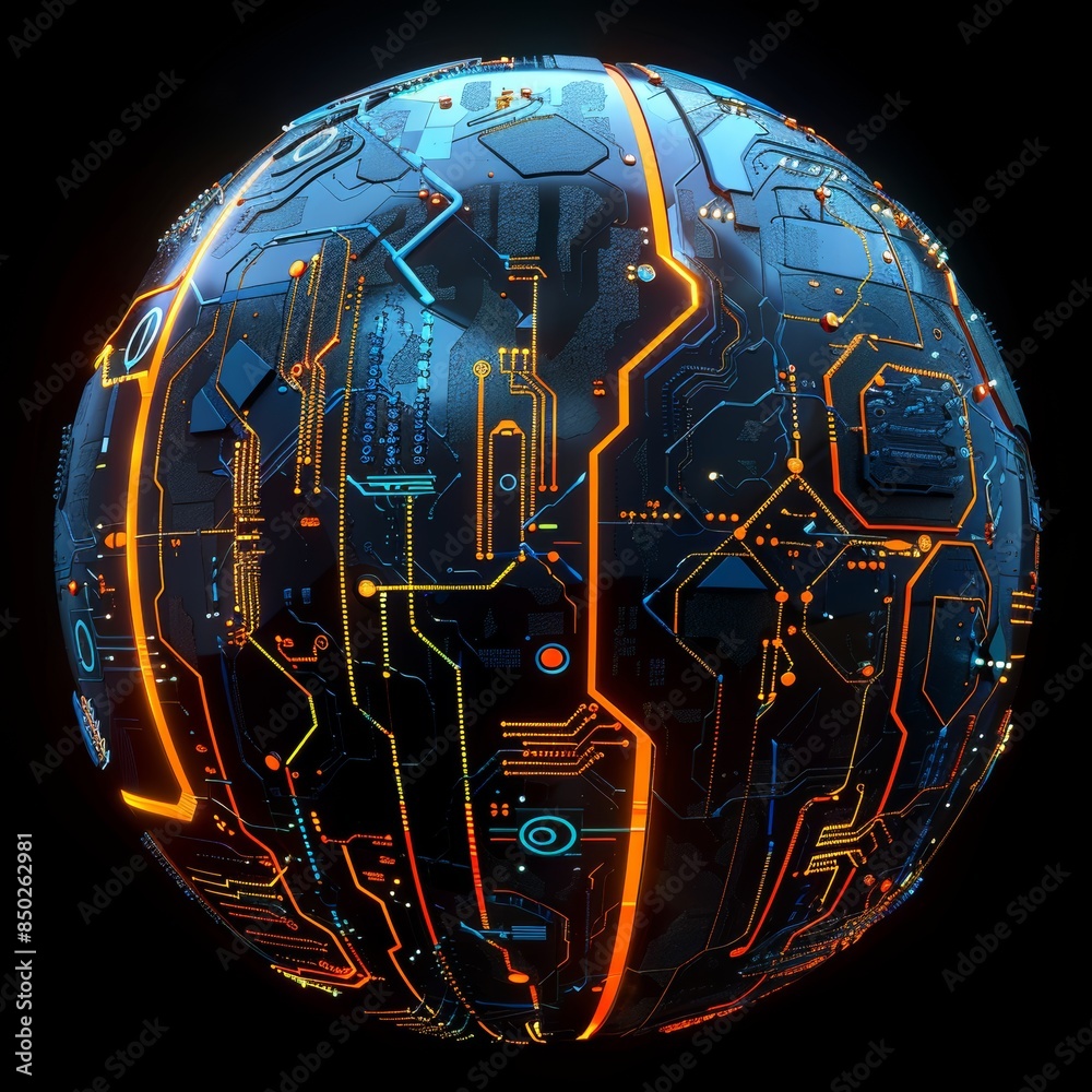 3D sphere with a futuristic cyberpunk design, using a blue and orange ...