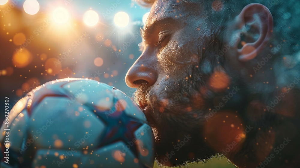 Soccer player with intense expression kissing a ball, closeup showing ...