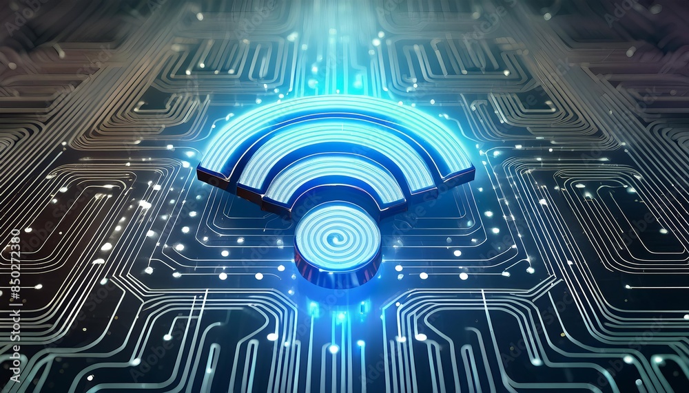 A glowing Wi-Fi signal icon centered on a detailed circuit board ...