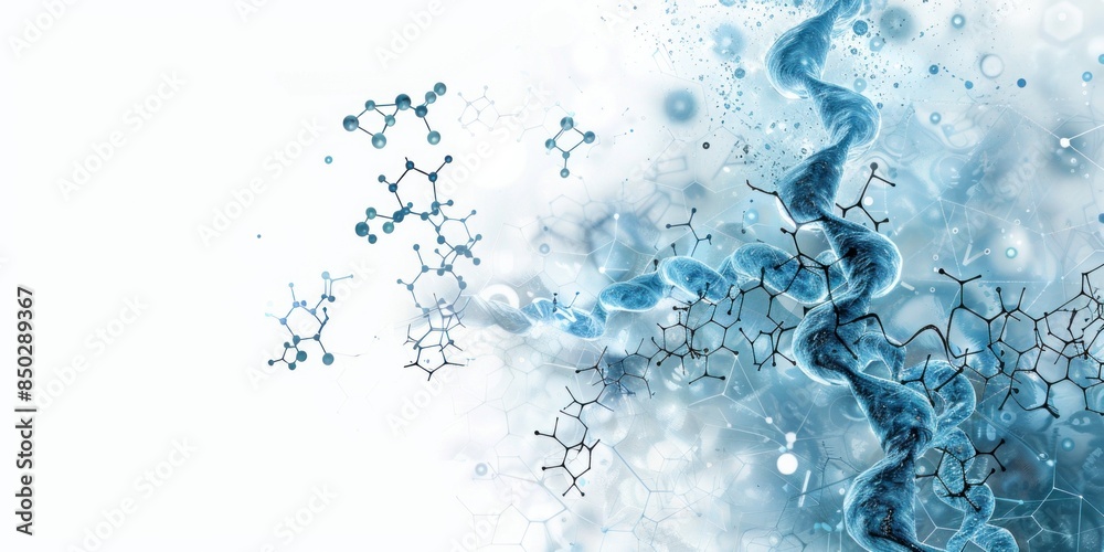 Light blue background with white DNA strands and chemical formulae of ...