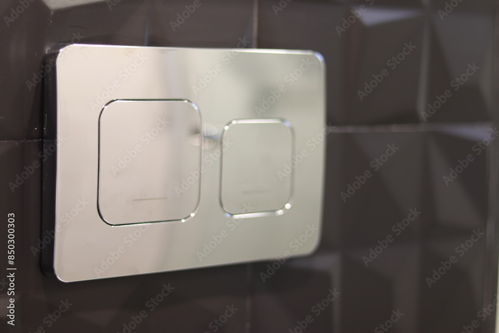 Stylish flush buttons of contemporary toilet bowl tank hidden behind ...