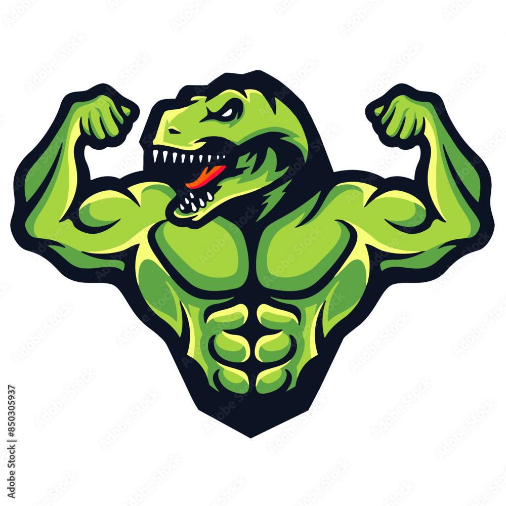 Muscular green monster raptor poses with biceps, vector, logo, cartoon ...