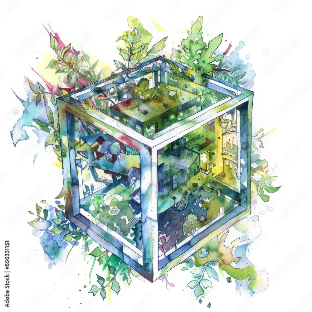 Watercolor painting of a hypercube merging with organic forms, blurring the boundaries between ...