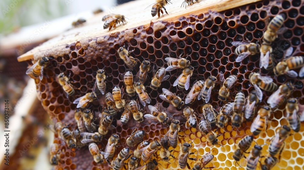 A beehive scene depicts bees collaborating harmoniously, showcasing ...