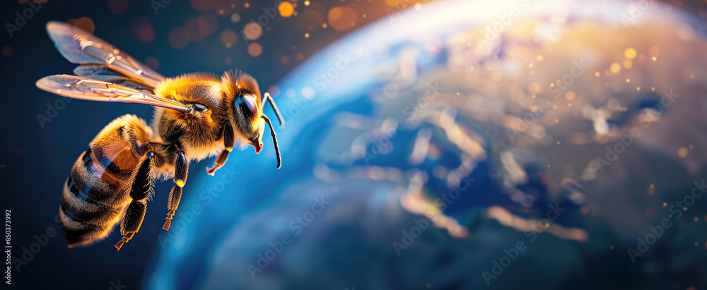 honeybee flying over the Earth, seen from space with space in the ...