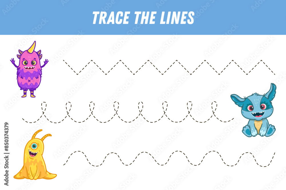 Tracing lines for kids. Cute cartoon monsters. Handwriting practice ...