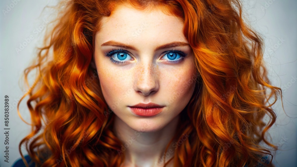 Vibrant ginger hair and piercing blue eyes pop against a crisp white ...