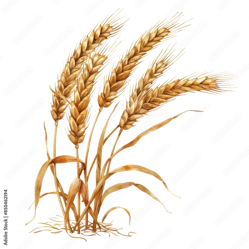 Image shows golden wheat stalks with full grains against a transparent ...