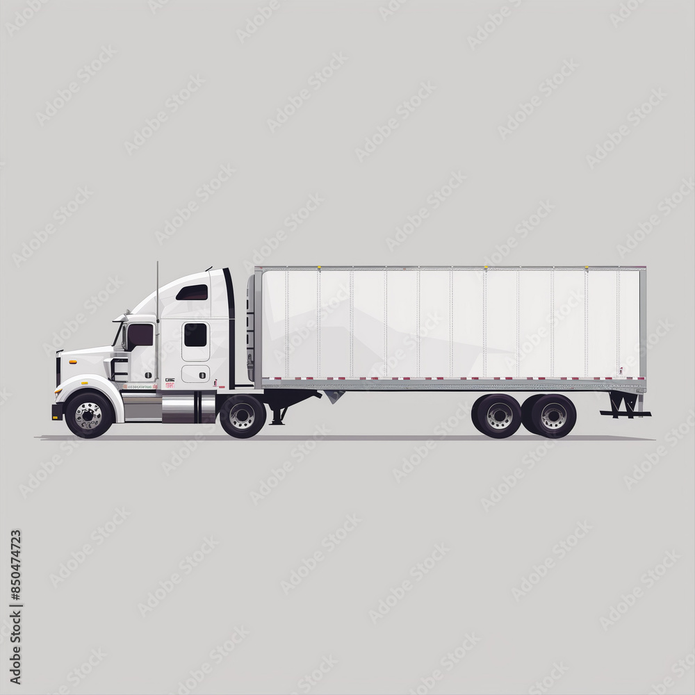 White Semi-Truck with Trailer on Gray Background, Side View, Detailed ...