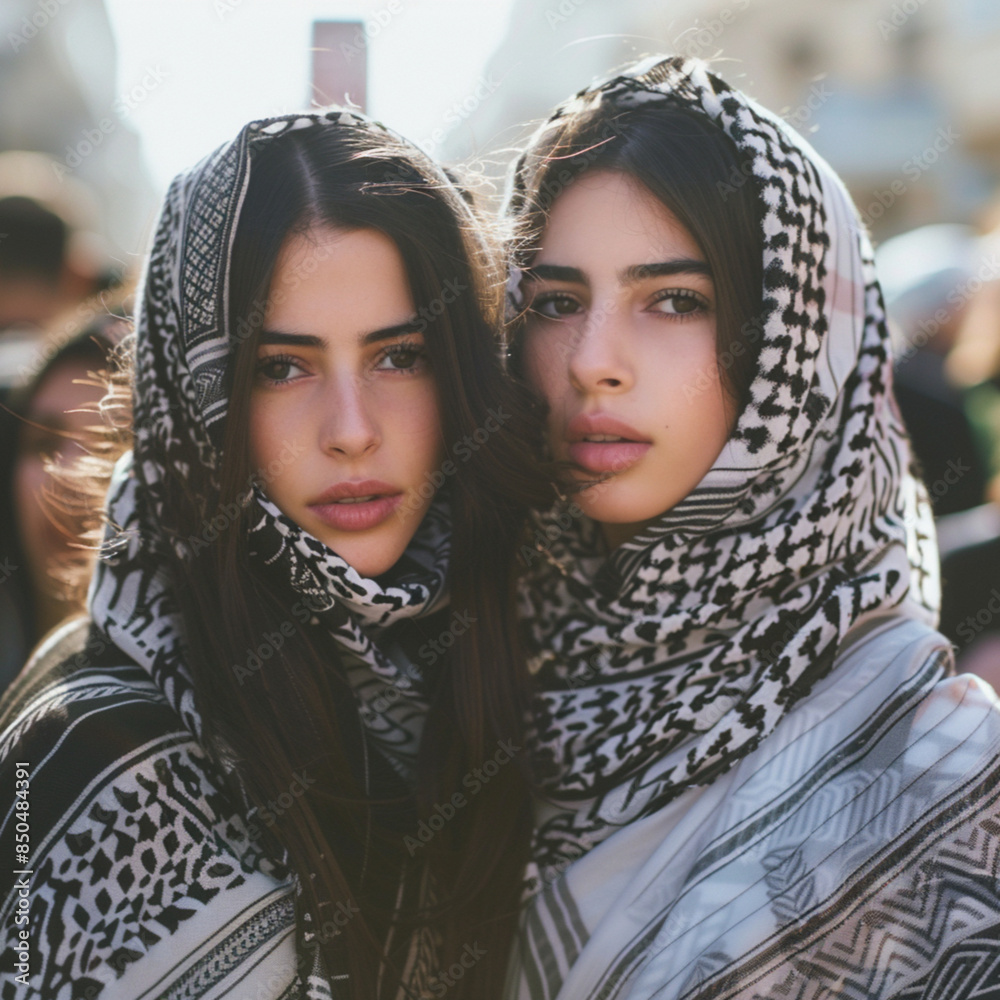 two middle eastern arabic female models, wearing traditional ...