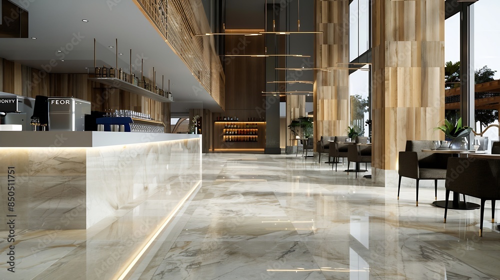 Light wooden and marble tile floor interior of modern cafe with double ...