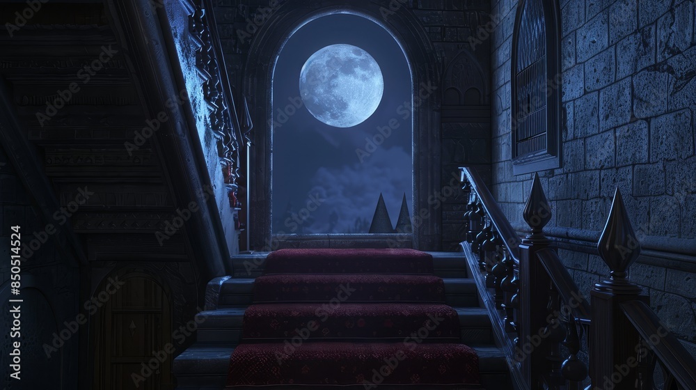 Gothic style staircase leading to bright moon - A striking image of a ...