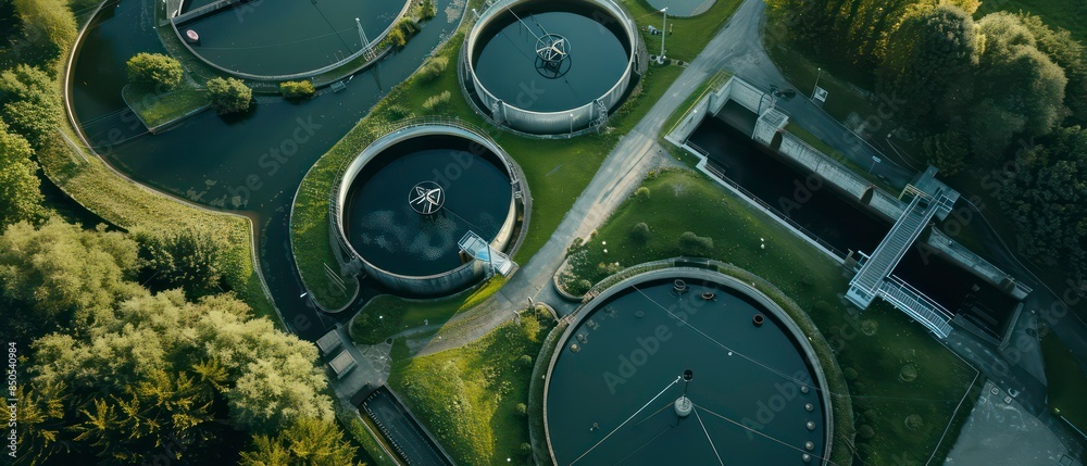 wastewater treatment facility with large settling tanks and filtration ...