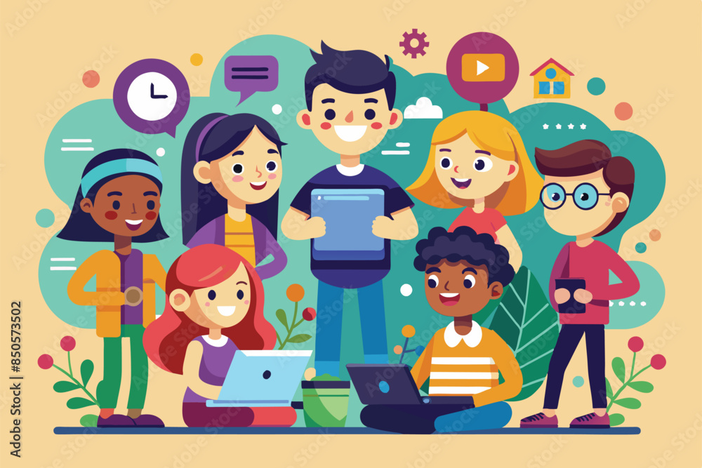 Cartoon illustration of diverse children interacting with technology ...