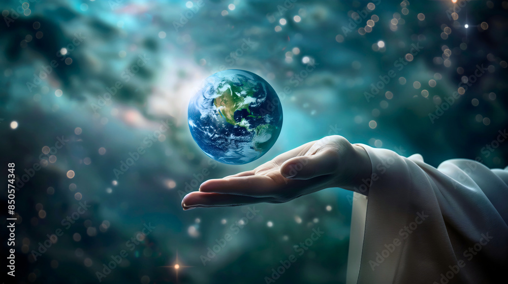 Planet earth floating above the hand of Jesus Christ, person with white ...