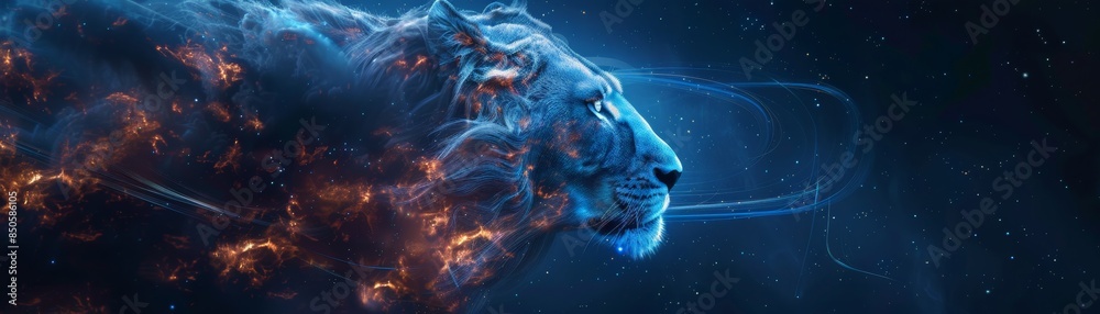 Digital artwork of a majestic lion blending with cosmic elements in the ...