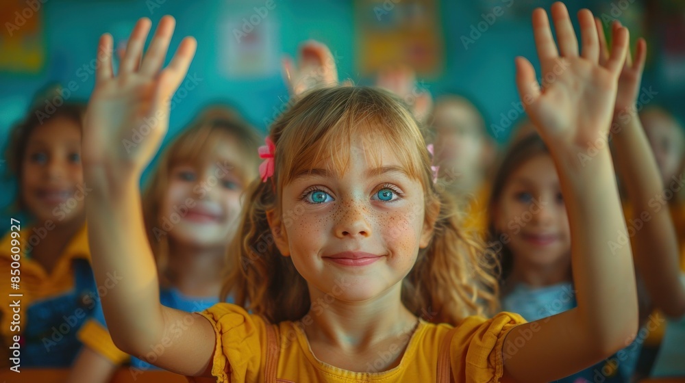 School Children raising their hands eagerly in a classroom close up ...