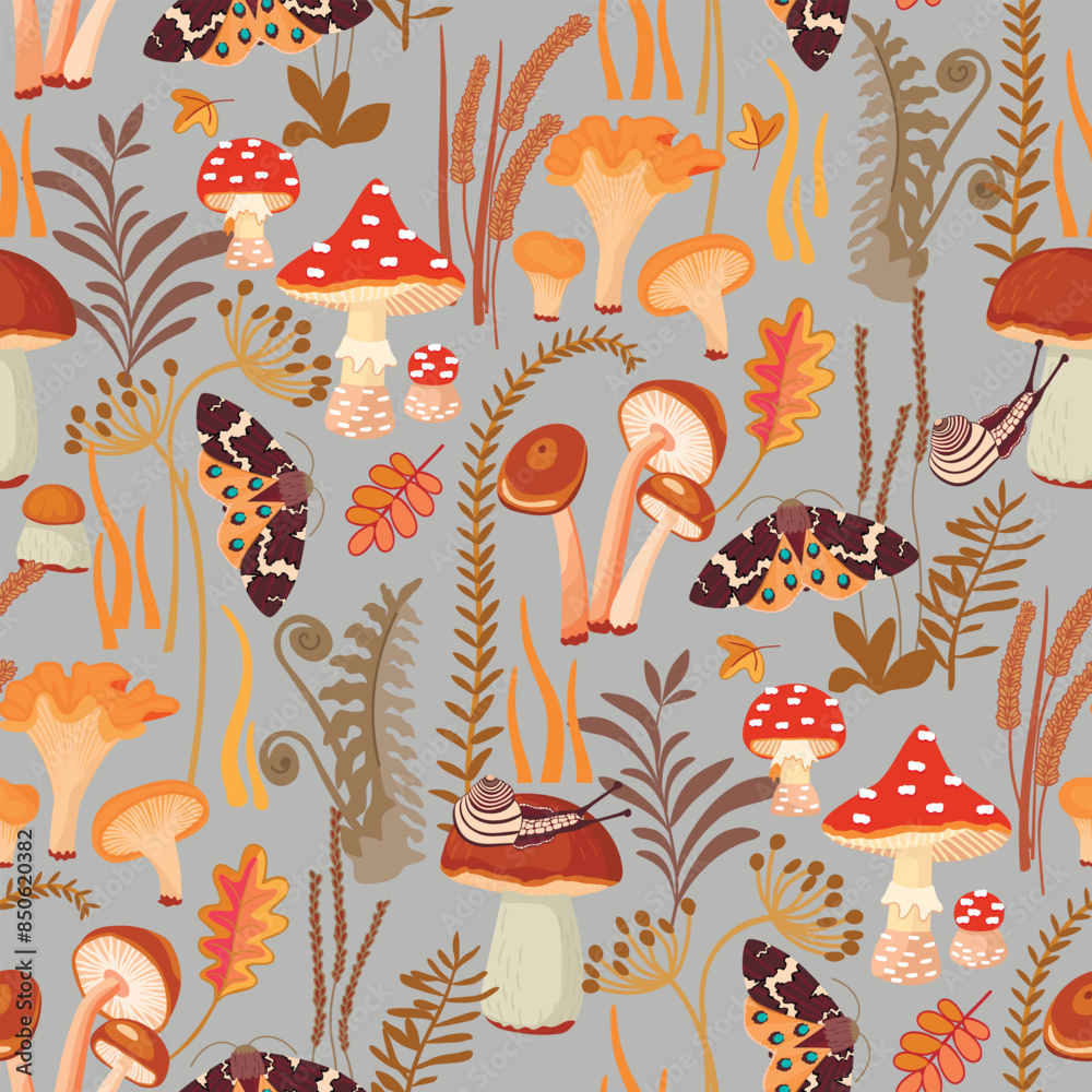 Autumn season seamless pattern with forest mushrooms,flying moth and ...