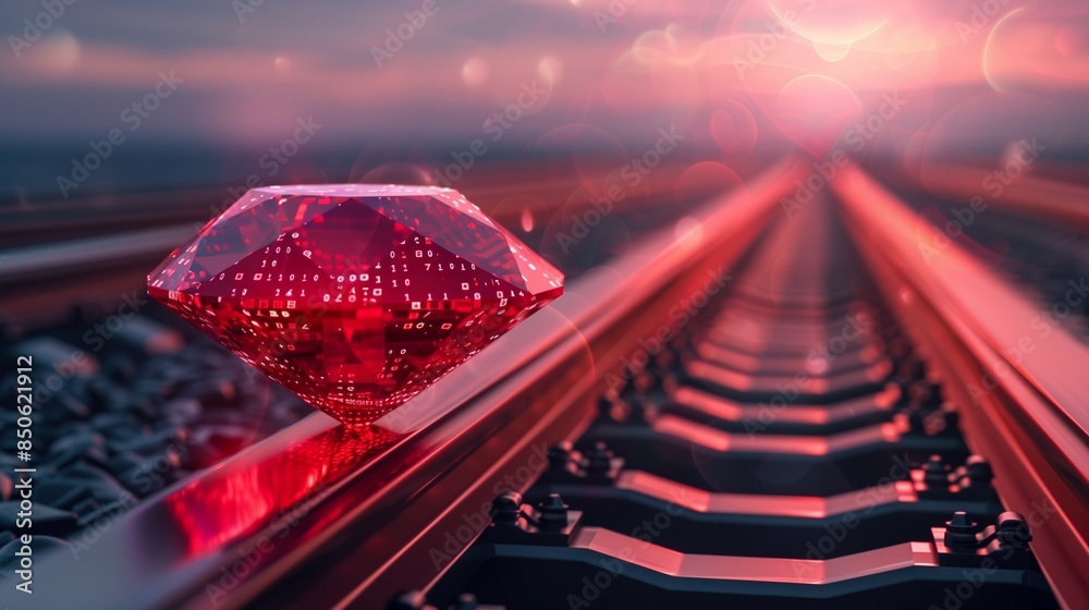 Ruby stone placed on a rail track, symbolizing the Ruby on Rails ... Ruby stone placed on a rail track, symbolizing the Ruby on Rails ...