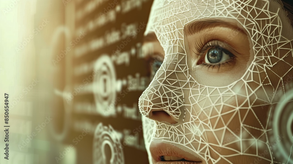 Woman's face merged with digital wireframe, symbolizing the fusion of ...