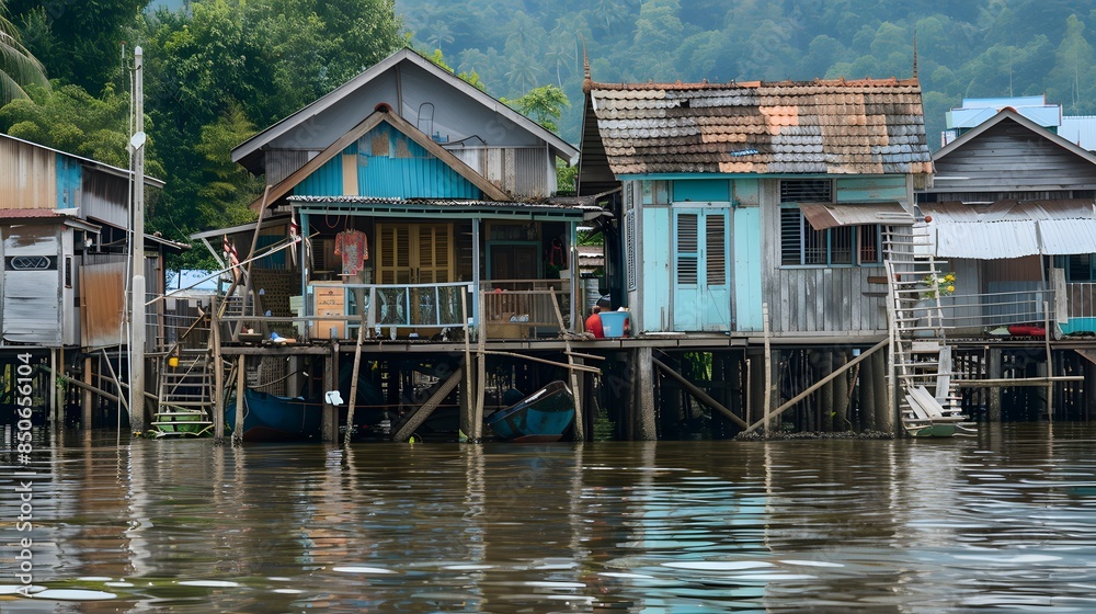 Stilt house, representing the unique architecture of Southeast Asia. Wooden house elevated on ...