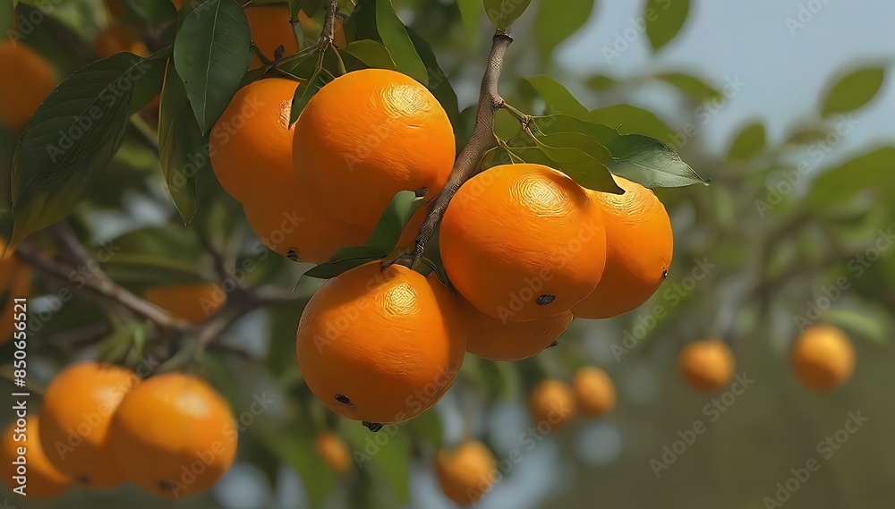 A close-up of many branches of an orange tree full of ripe oranges ...