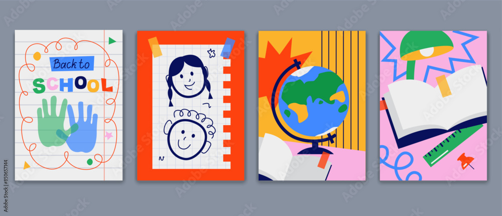 Back to school cards, backgrounds set. Simple flat style education ...