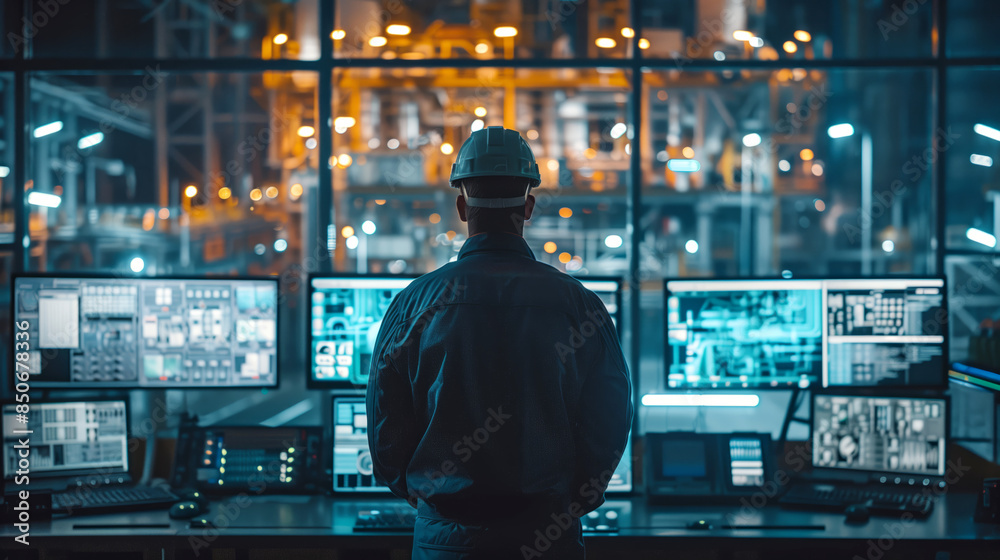 An Engineer In A Control Room On An Oil Platform Monitoring Multiple Screens With The