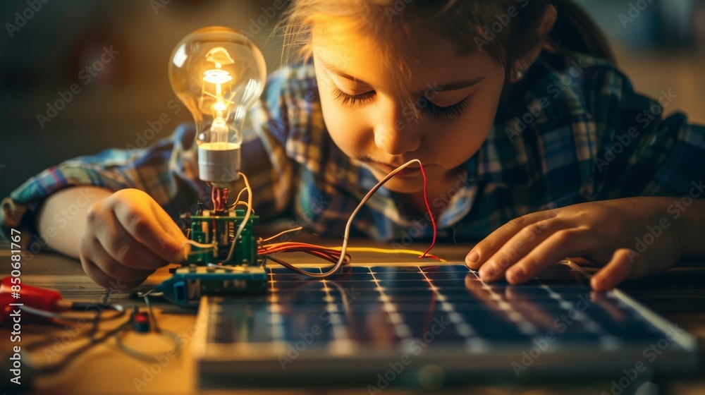 Macro shot of a child using a solar panel experiment kit, connecting ...