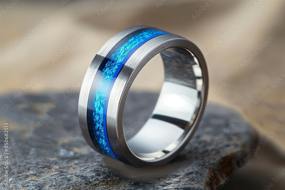 /imagine A brushed titanium ring with an offset groove filled with ...