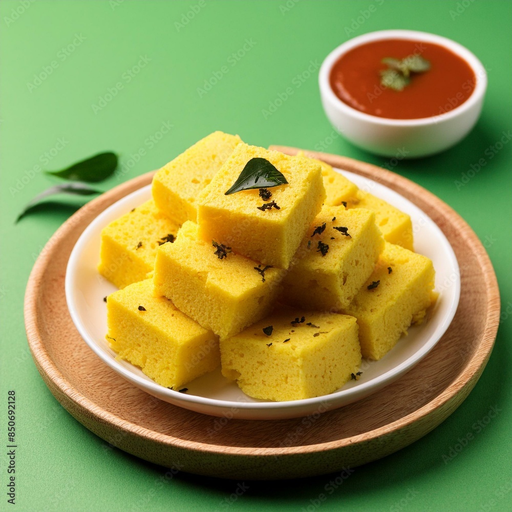 Indian traditional gujarati street food khaman dhokla on green ...