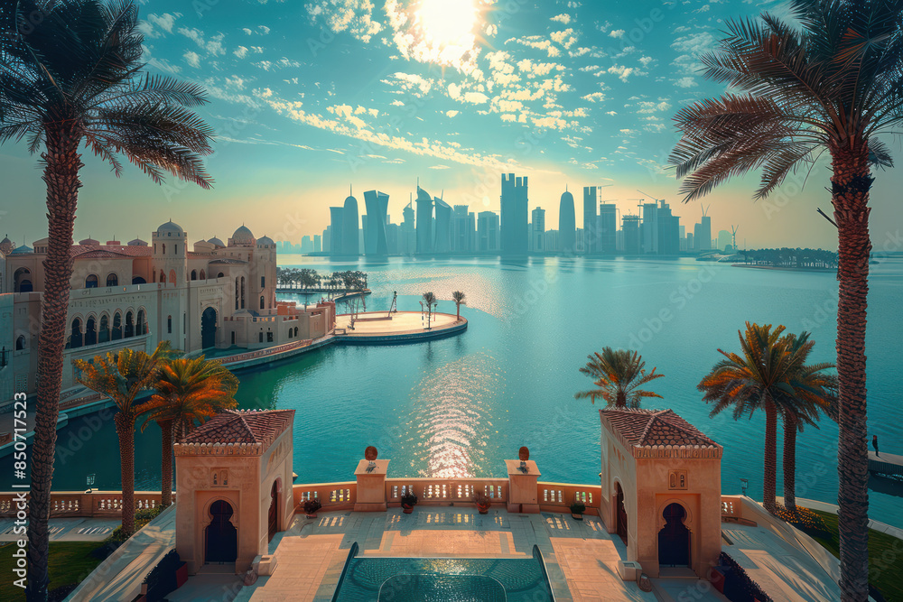 A Stunning Waterfront Panorama Palm Trees and Mediterranean ...