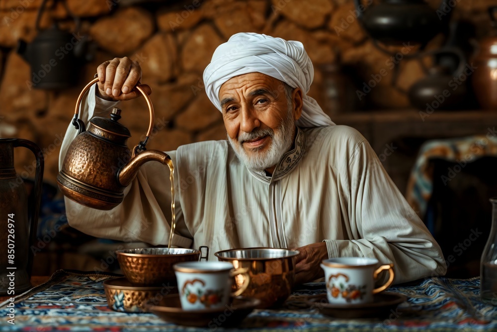Smiling elderly Muslim man pouring traditional Arabian tea, middle ...