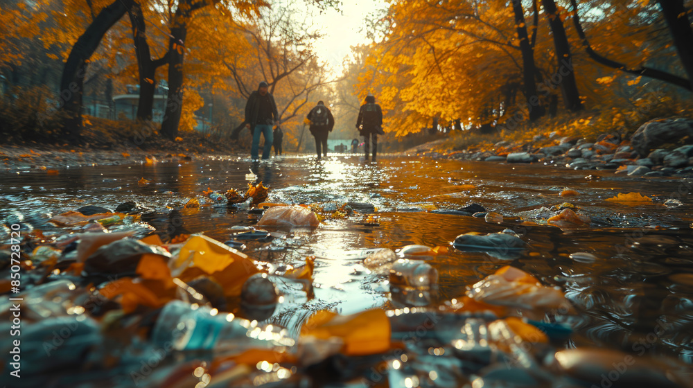 Group volunteers cleaning up plastic waste from river. Background shows ...