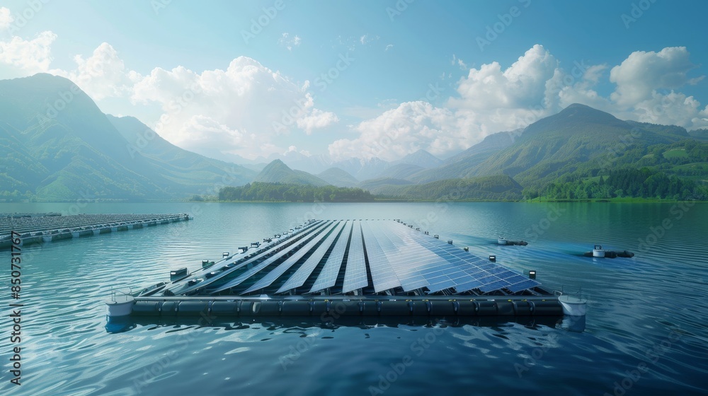 Illustration of a floating solar farm with integrated battery storage ...