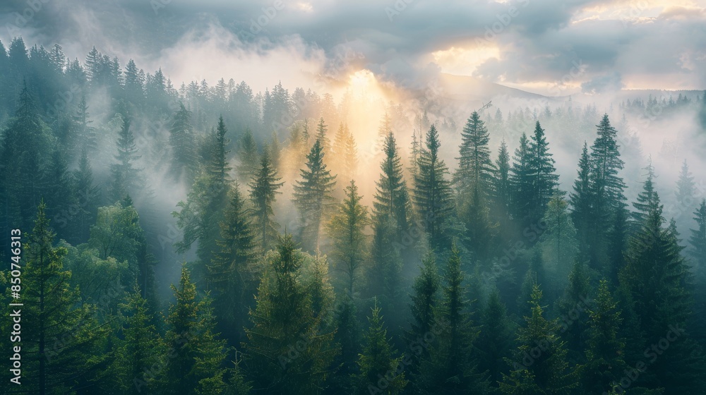 Ethereal nature wallpaper created by thick fog rolling through a forest, breaking through trees ...