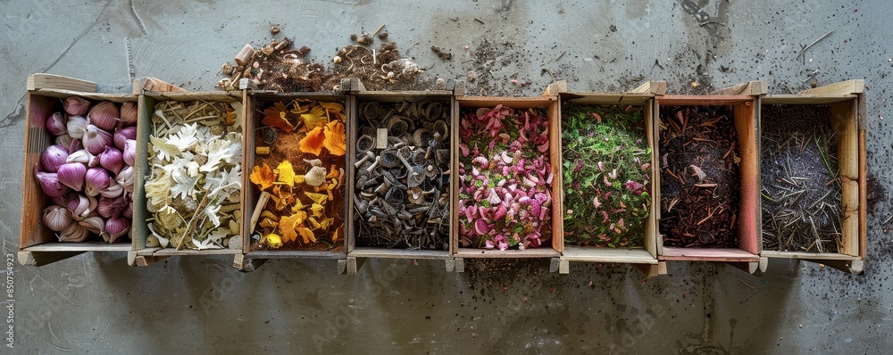 Educational setup illustrating composting process from raw materials to ...
