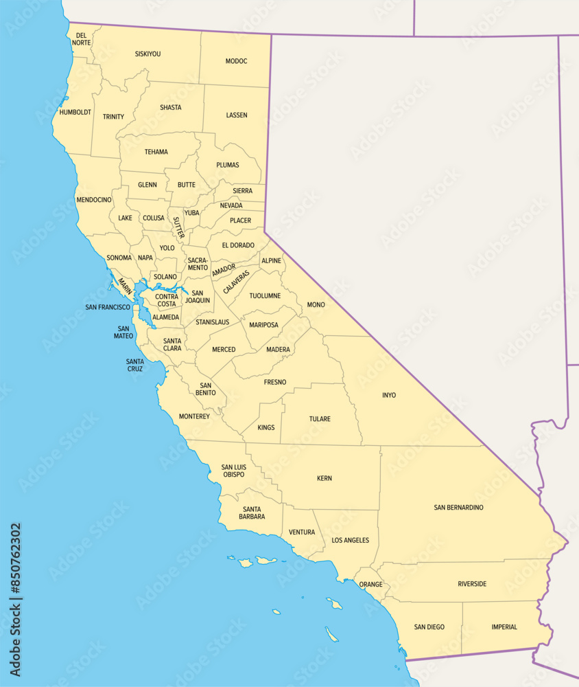 State of California counties, political map. U.S. state of California ...