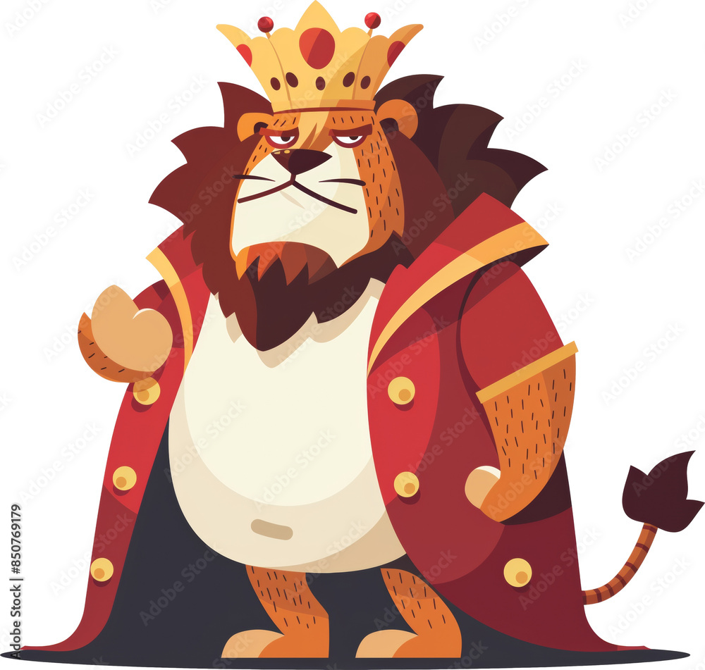 Cartoon lion king in red robe and golden crown isolated on transparent ...