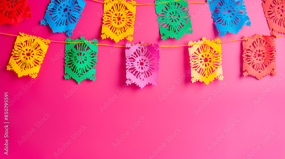 Ilustración de Stock papel picado de colores sobre un fondo rosa fuerte ...