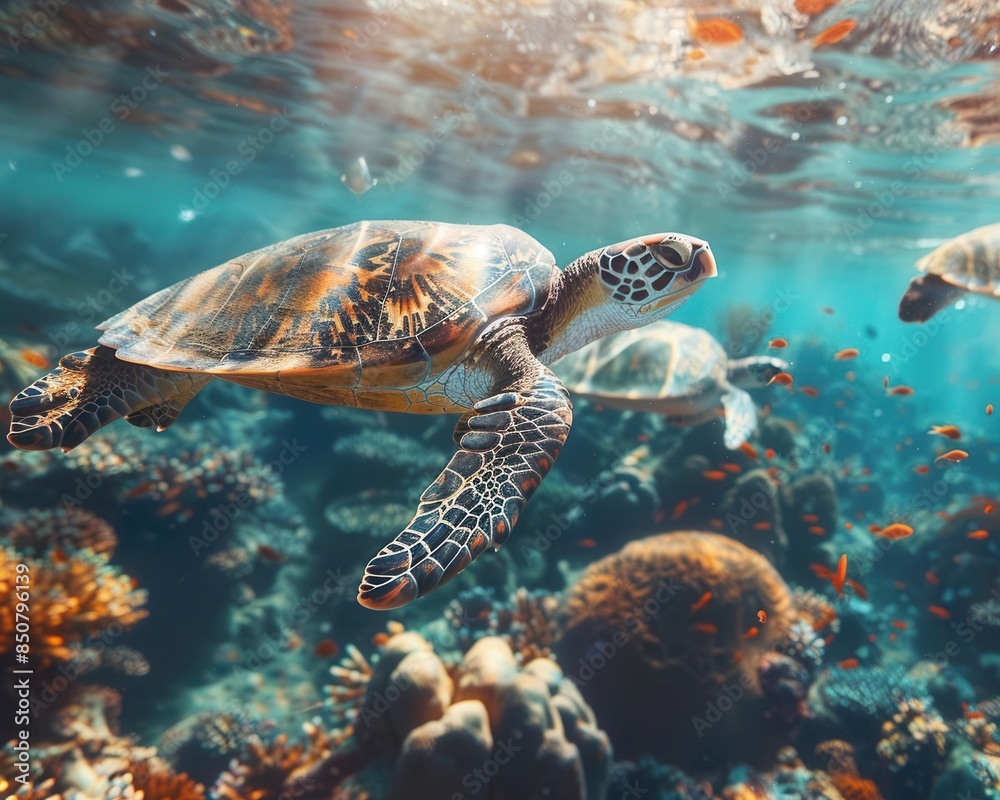 Sea turtles swimming in a clear coral reef, vibrant marine life ...