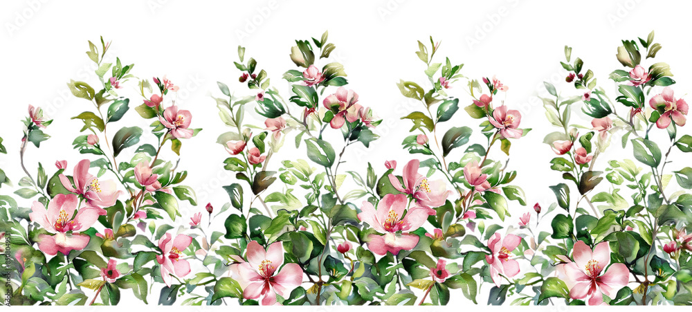 Seamless Horizontal Watercolor Flower Bush Shrubs Bottom Border ...