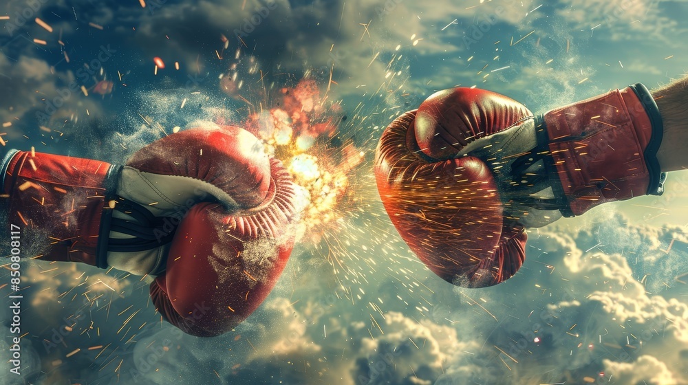 Dynamic image of two boxing gloves colliding in a power impact, with a ...