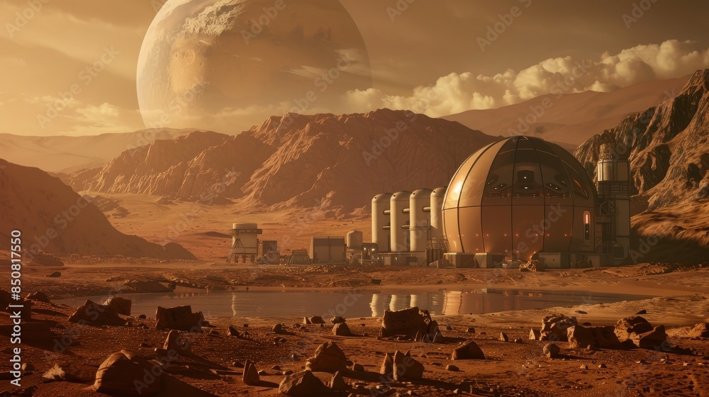 Mars habitat, life support systems, front view, depicting sustainable ...