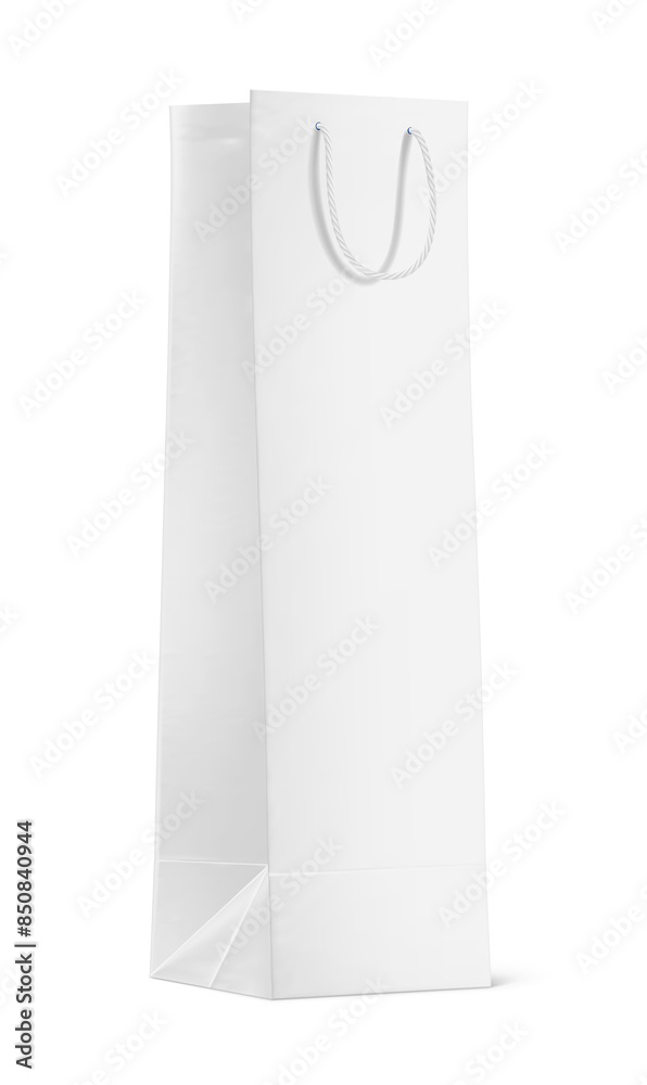 Shopping Bag Mockup. White paper packet bag with rope handles for wine ...